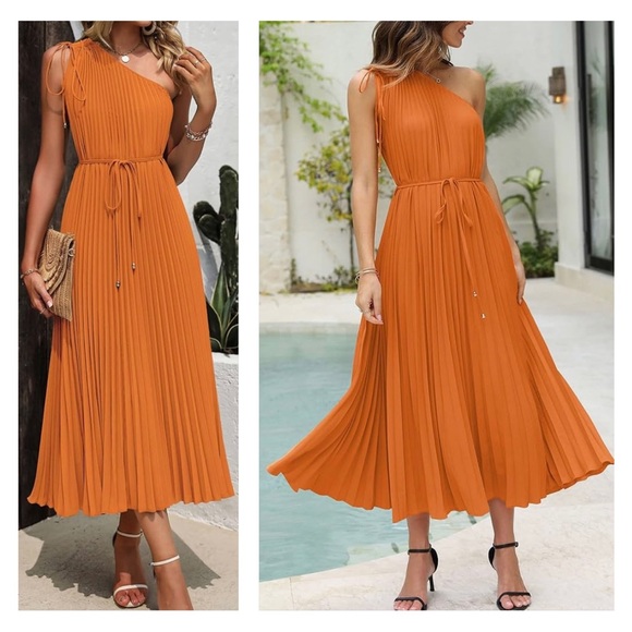 Dresses | Orange One Shoulder Belted Pleated Maxi Dress | Poshmark